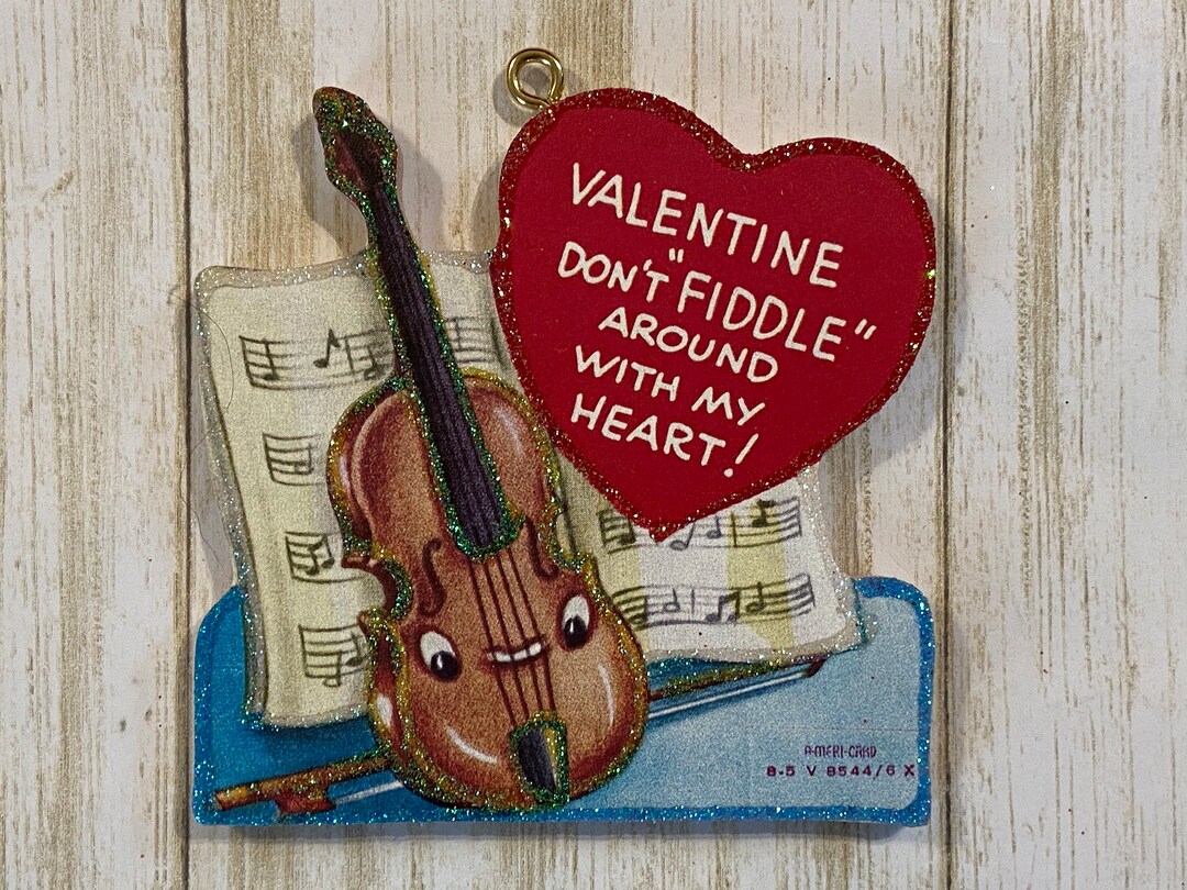 Fiddle ~ Violin ~ Valentine Ornament ~ Vintage Card Image ~ Glitter and ...