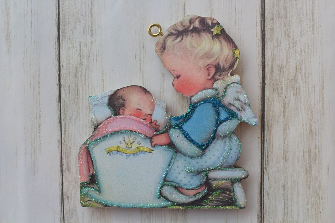 Angel Rocking Baby Jesus ~ Glittered Christmas Ornament ~ Vintage Card ...