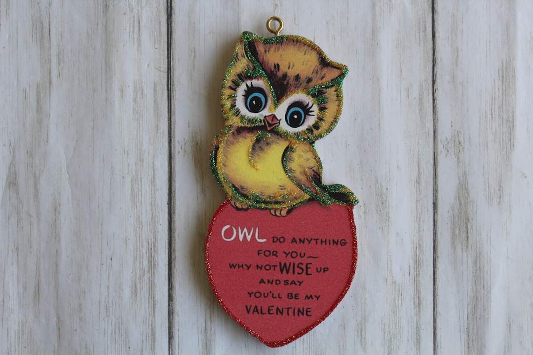 Darling Little Owl on Heart Valentine Ornament Vintage Card Image ...