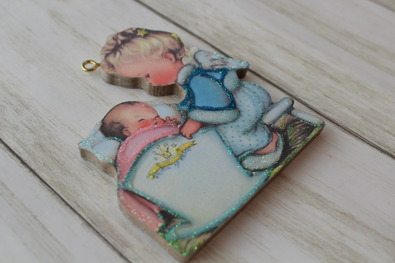 Angel Rocking Baby Jesus ~ Glittered Christmas Ornament ~ Vintage Card ...