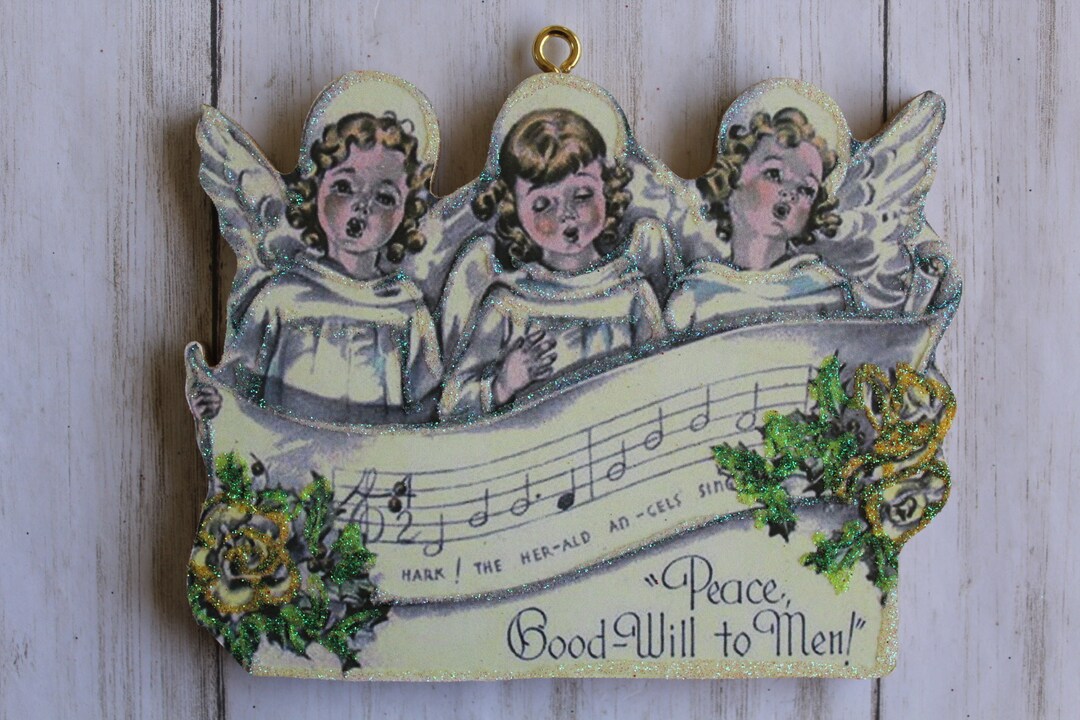 Angels Singing * Christmas Tree Ornament * Vintage Card Image * Wood ...