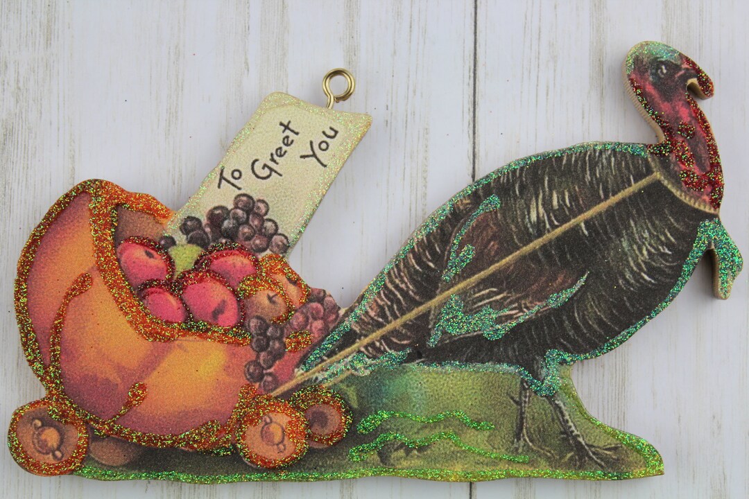 Turkey Pulling Pumpkin Cart Thanksgiving Ornament Vintage Card Image ...