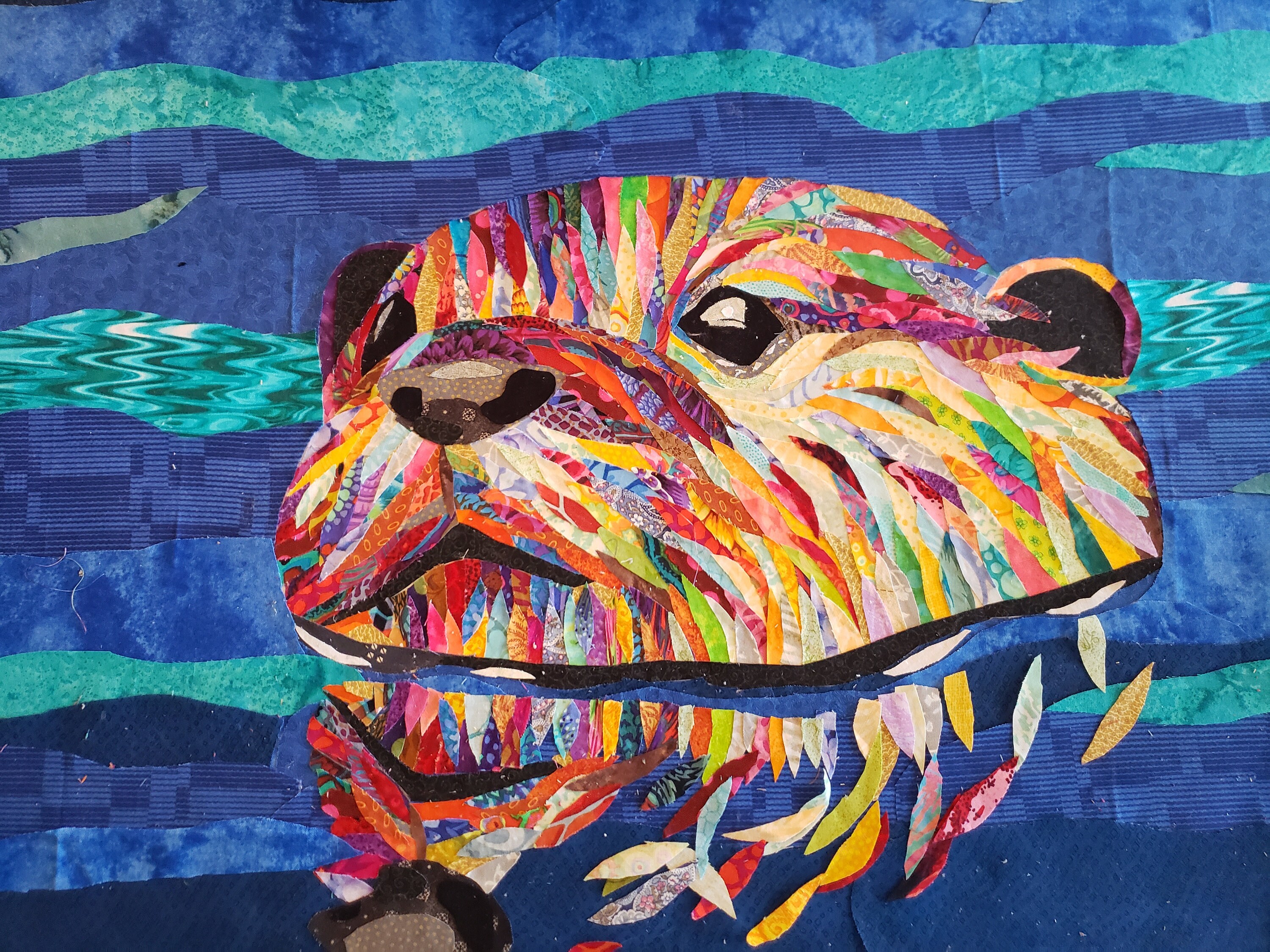 Framed Otter Art Quilt; 30in x 20in; Original Design by Mary Pascoe