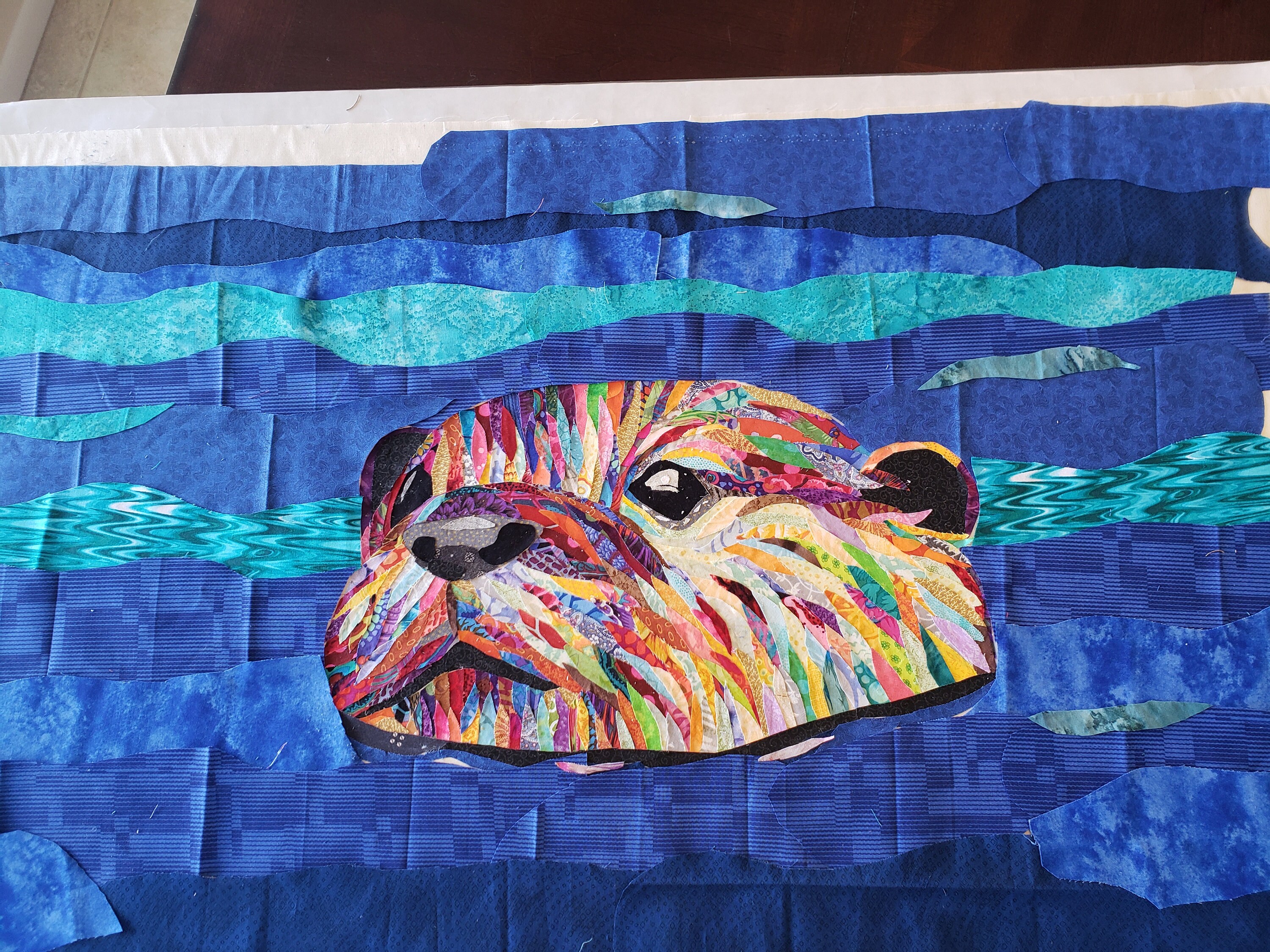 Framed Otter Art Quilt; 30in x 20in; Original Design by Mary Pascoe