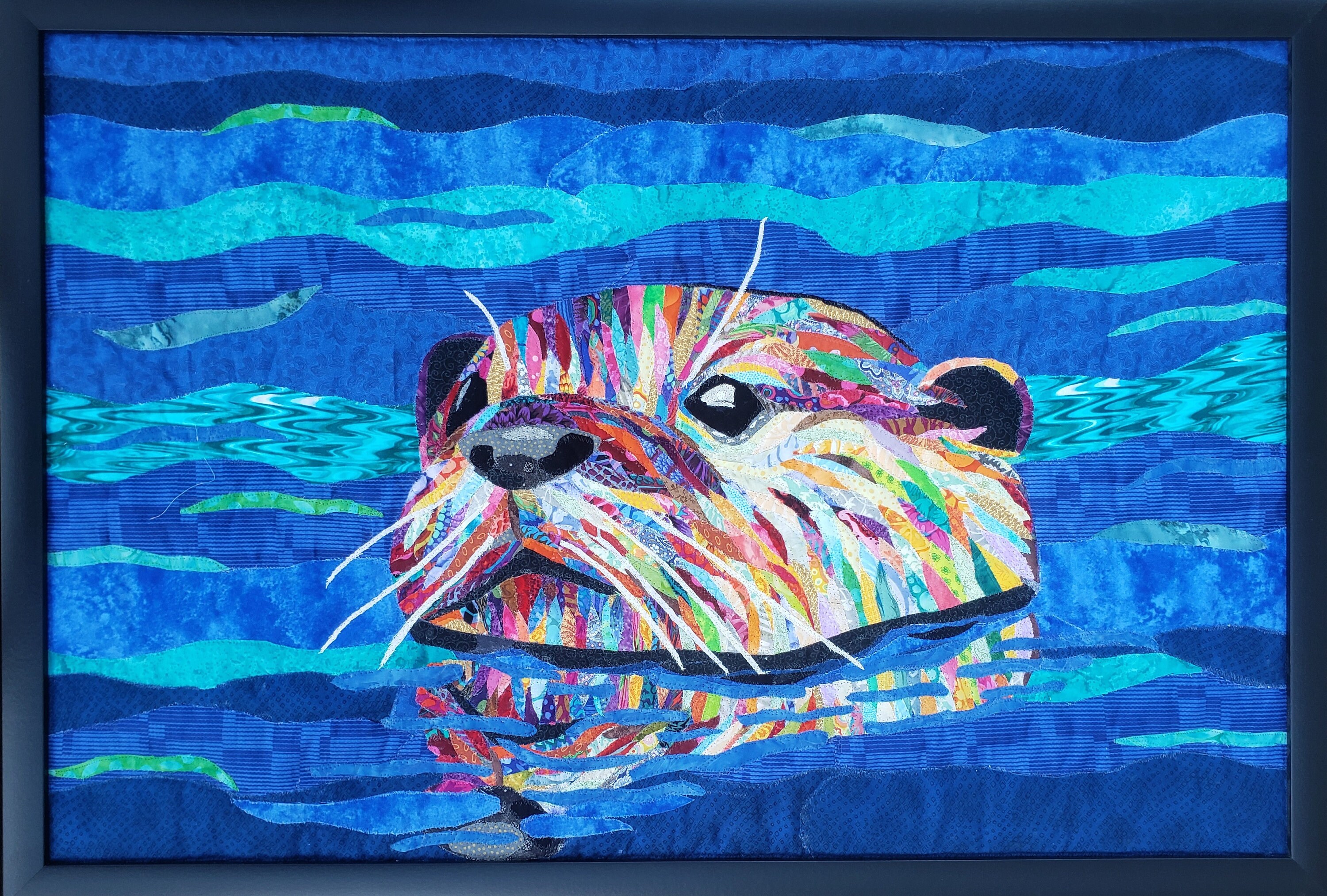 Framed Otter Art Quilt; 30in x 20in; Original Design by Mary Pascoe