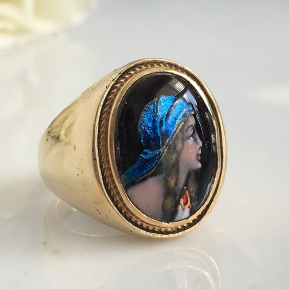 Victorian 14K Miniature Portrait Ring Signed Franel - Gem