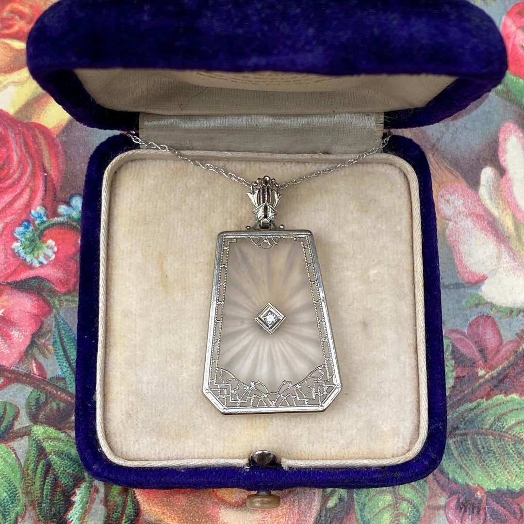 Art Deco Camphor Glass Diamond 14K White Gold Filigree Necklace - Etsy