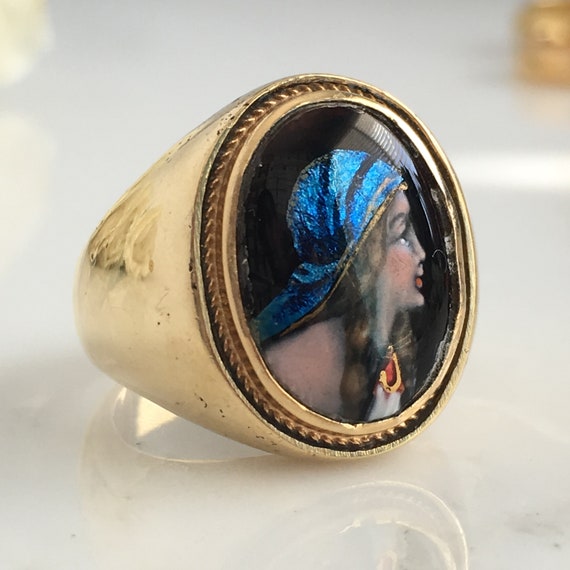 Victorian 14K Miniature Portrait Ring Signed Franel - Gem