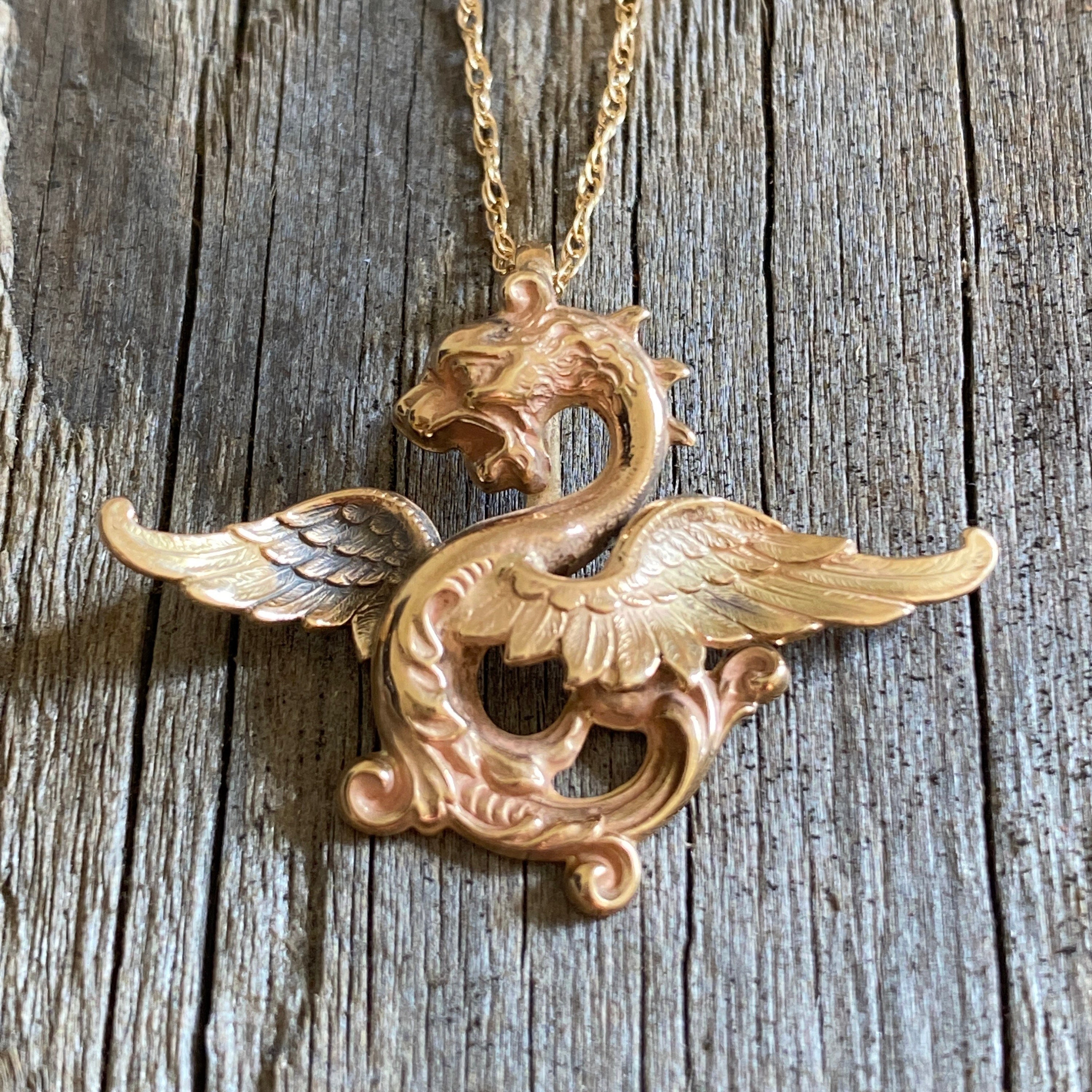 Victorian Dragon 10K Gold Pendant Necklace | Etsy