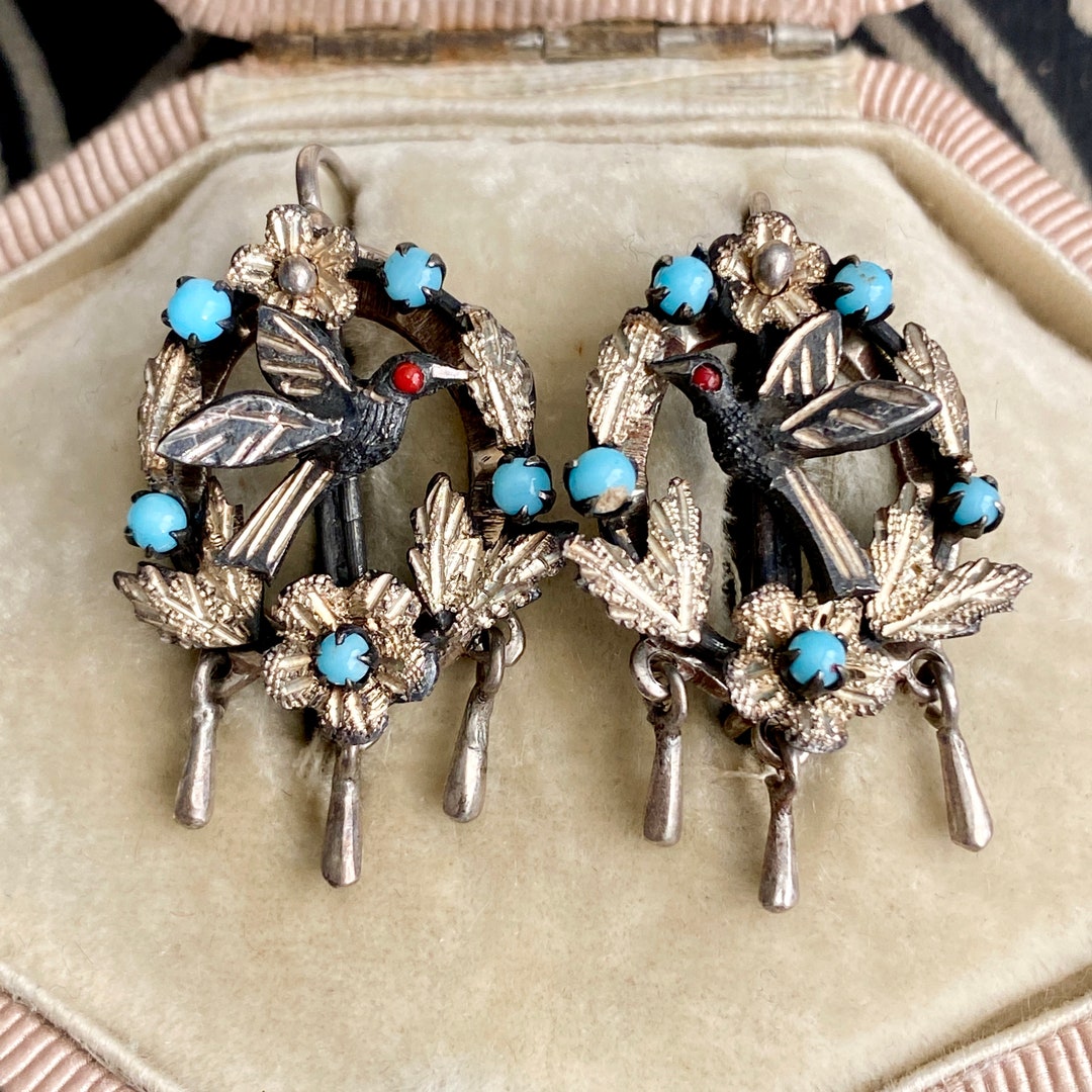 Victorian Silver Bird & Turquoise Wreath Earrings - Etsy