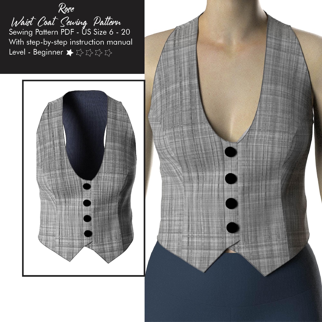 Women's Waistcoat Sewing Pattern, V-neck Vest, US Size 6-20 (digital ...