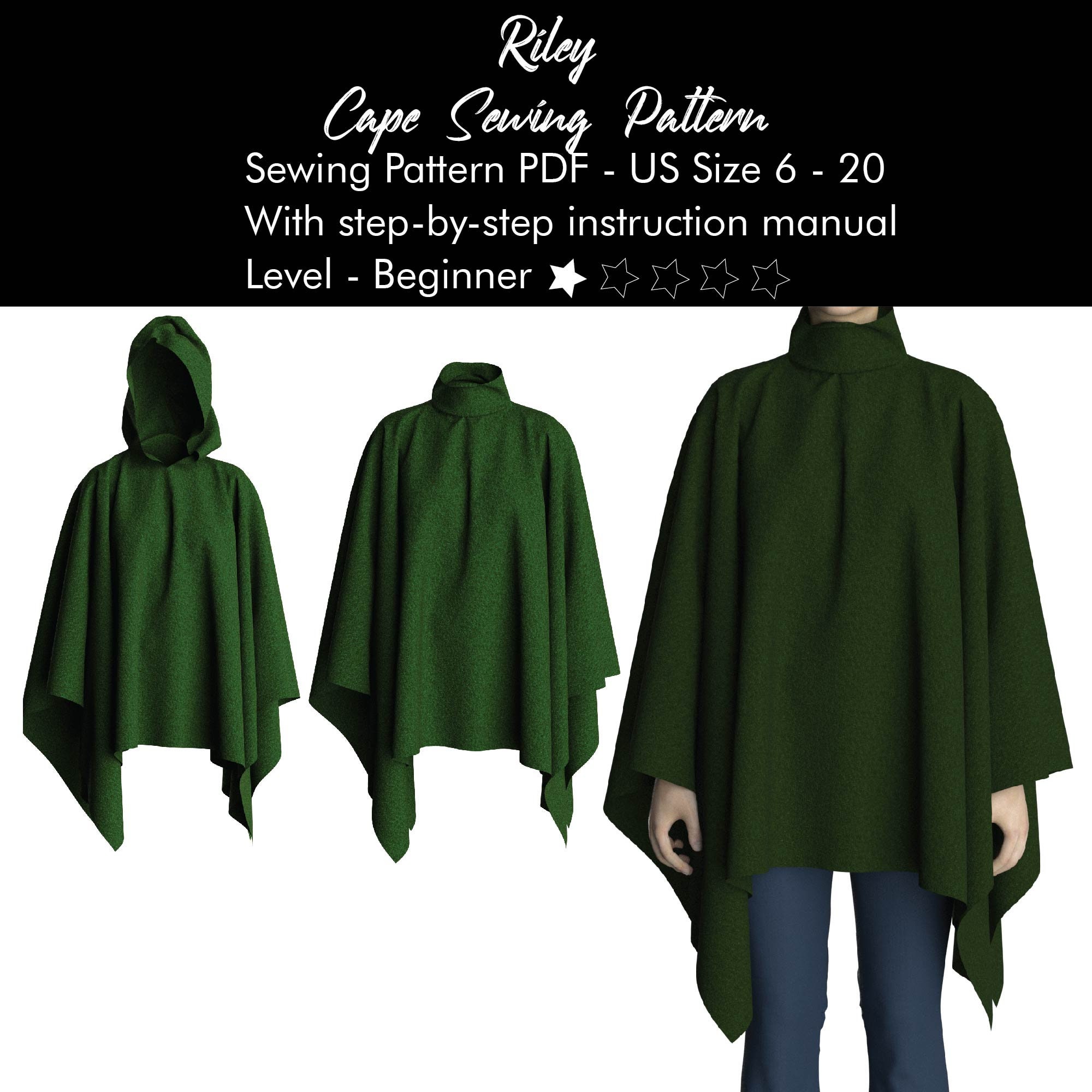 Unisex Poncho Cape Sewing Pattern, Halloween Cloak Costume Partywear ...