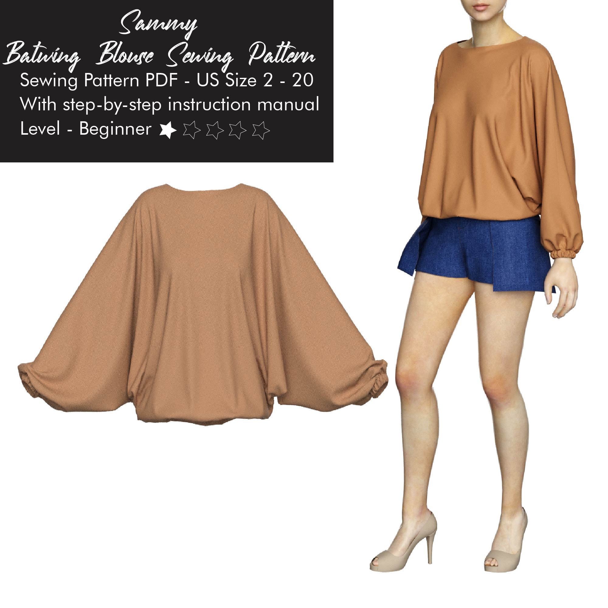 Batwing Blouse Top Sewing Pattern, Simple Top PDF Pattern, Beginner ...