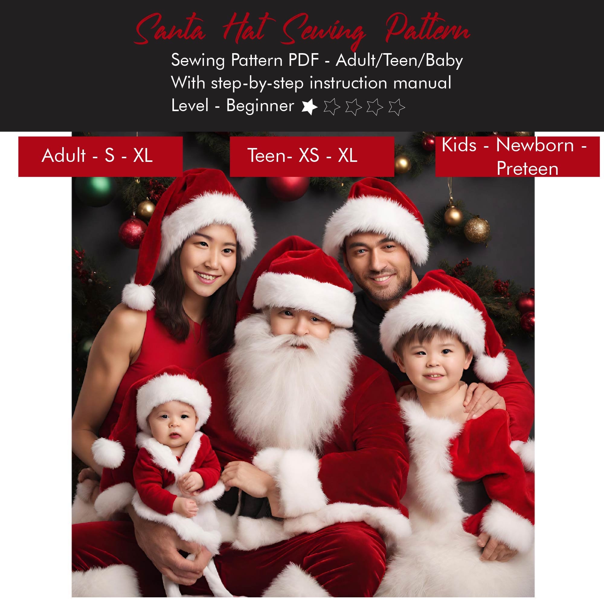 Santa Hat Pattern Sewing for Adults, Christmas Hat PDF Pattern Teens ...