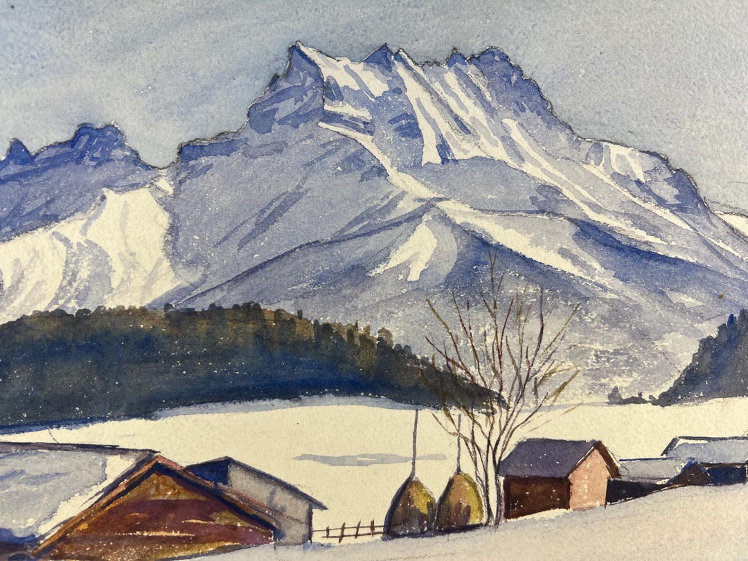 1927 Watercolor Winter Scene With Mountains and Architecture Signed and ...