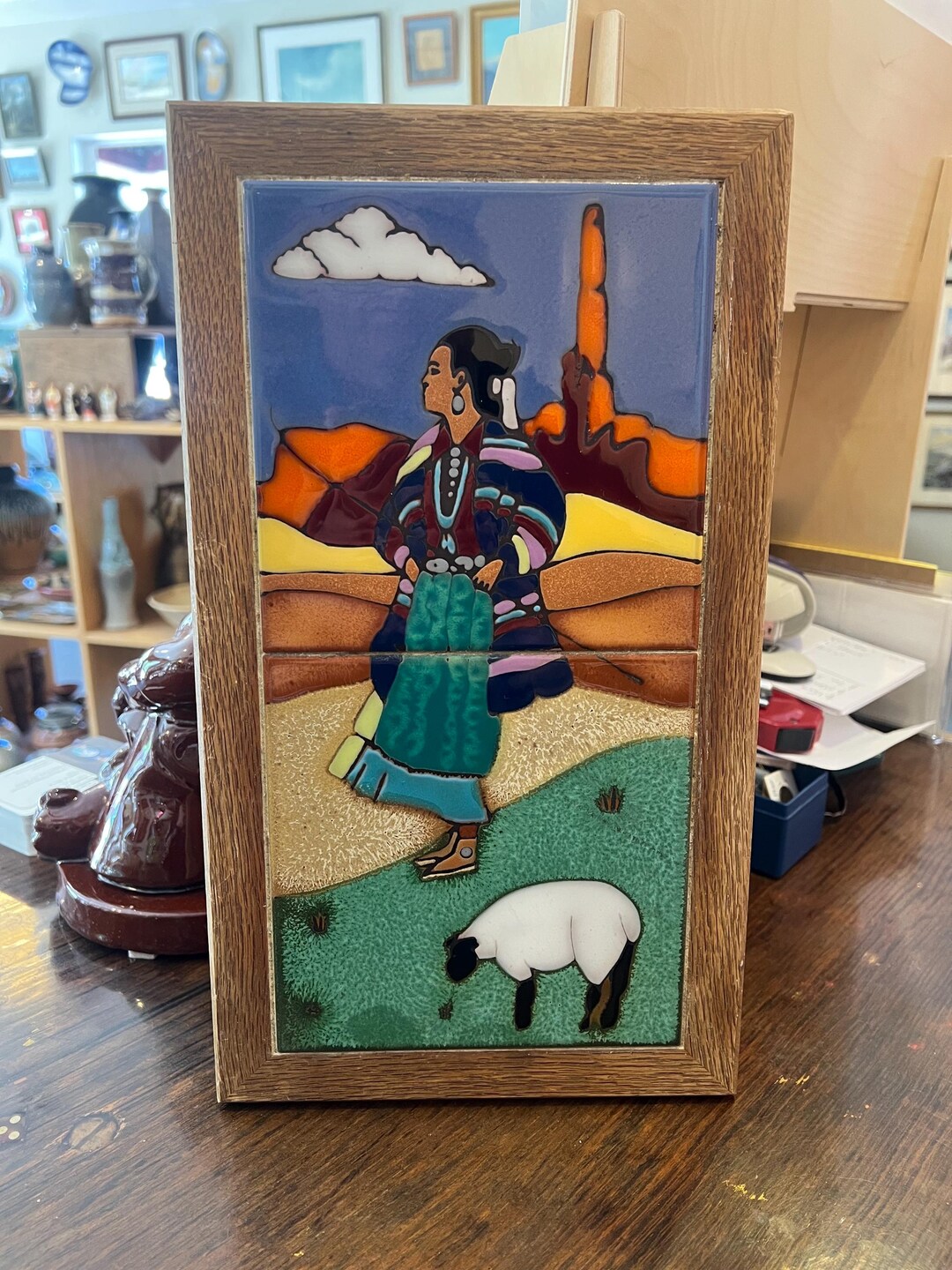 Vintage 2 Tile Trivet With Wood Frame and Grout 14" by 8" With 2 6 ...