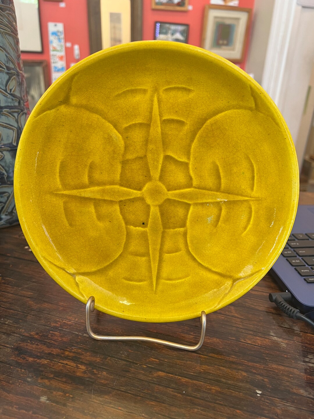 1937 Crackle Chartreuse Glazed Art Deco WPA Era Decor Carved Pottery Plate SIGNED With Initials ...