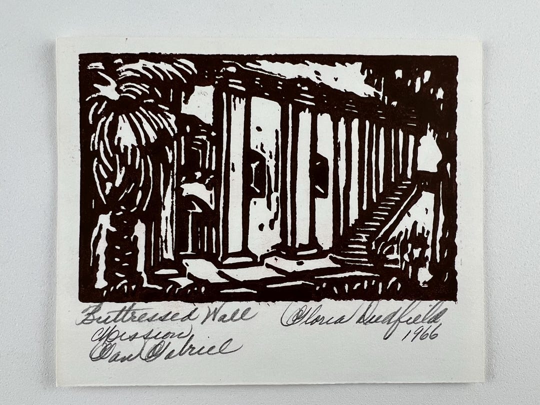 1966 Mission San Gabriel Woodcut Card by Gloria Dudfield, Signed - Etsy