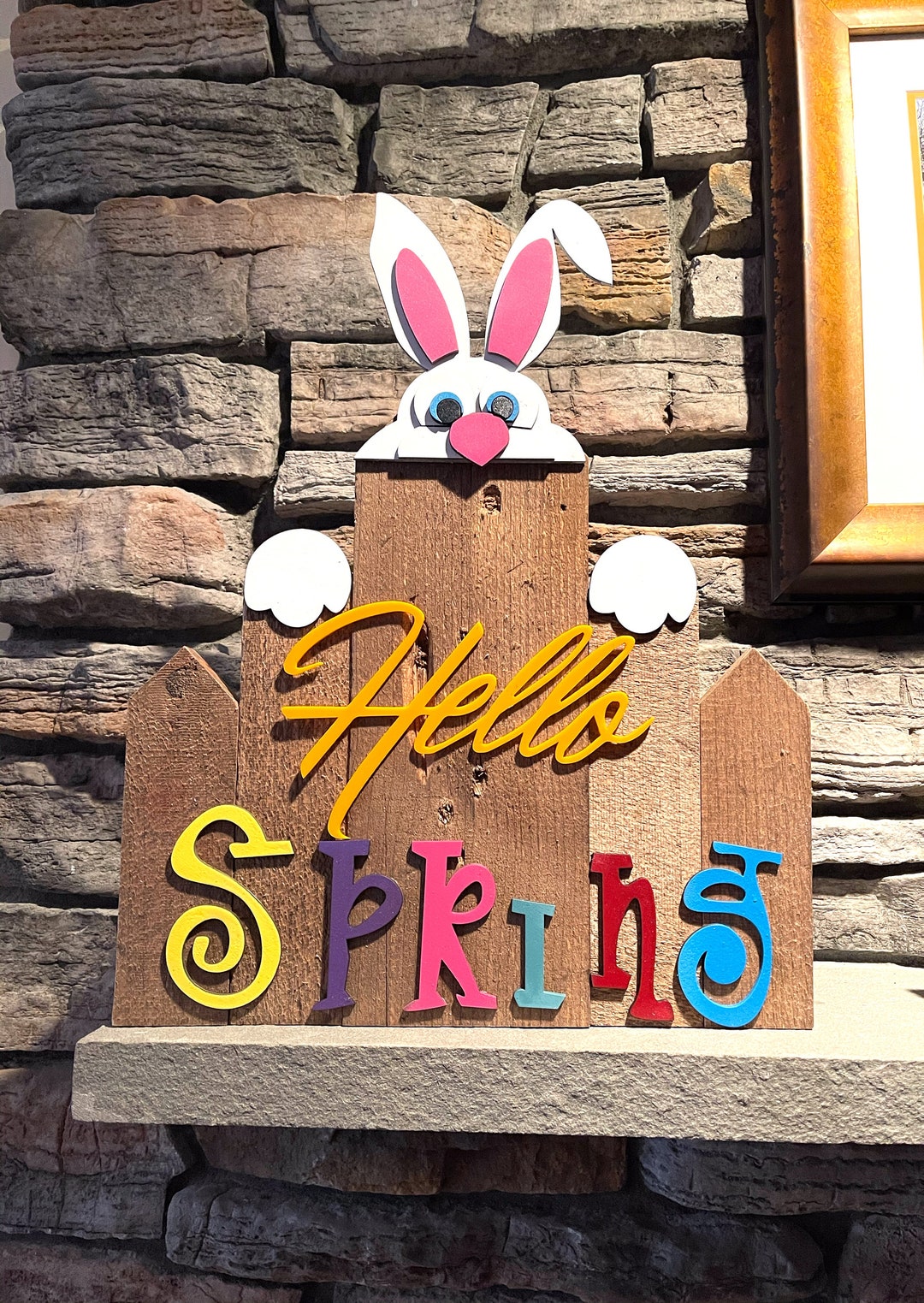 Hello Spring Sign With Bunny Peeking Over a Fence, Gate, Spring Decor ...