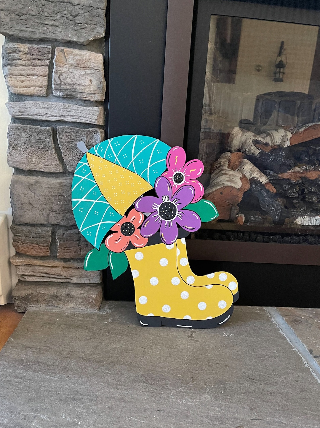 Spring Decor Rain Boots With Umbrella and Flowers, Bright and Springy ...