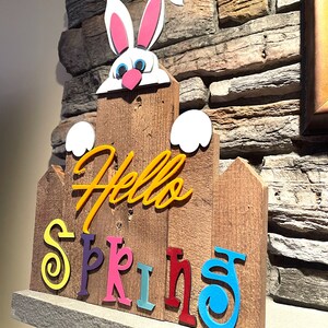 Hello Spring Sign With Bunny Peeking Over a Fence, Gate, Spring Decor ...