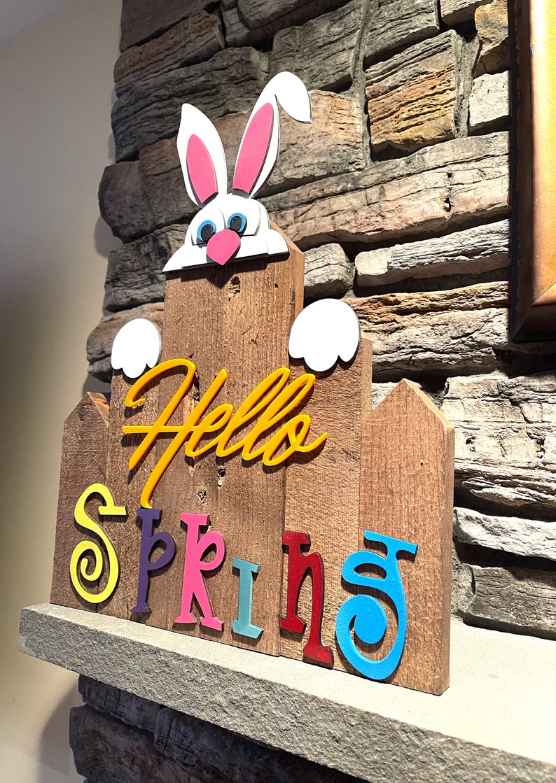 Hello Spring Sign With Bunny Peeking Over a Fence Gate - Etsy