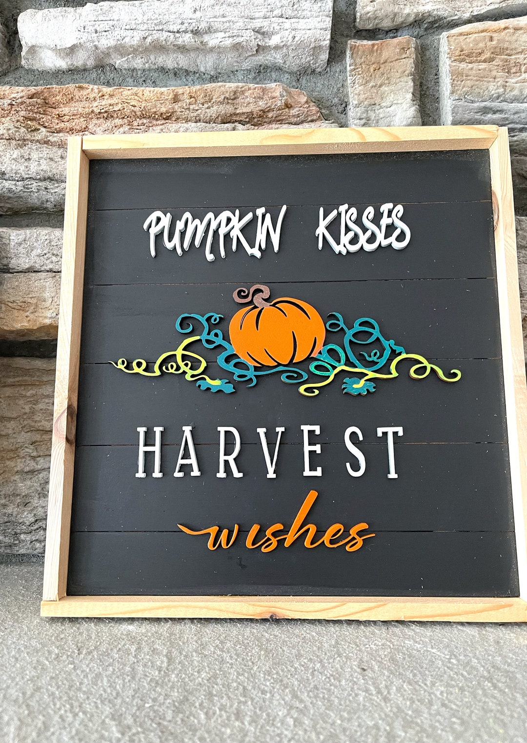 Framed Fall Autumn Wall Sign Pumpkin Kisses and Harvest Wishes - Etsy