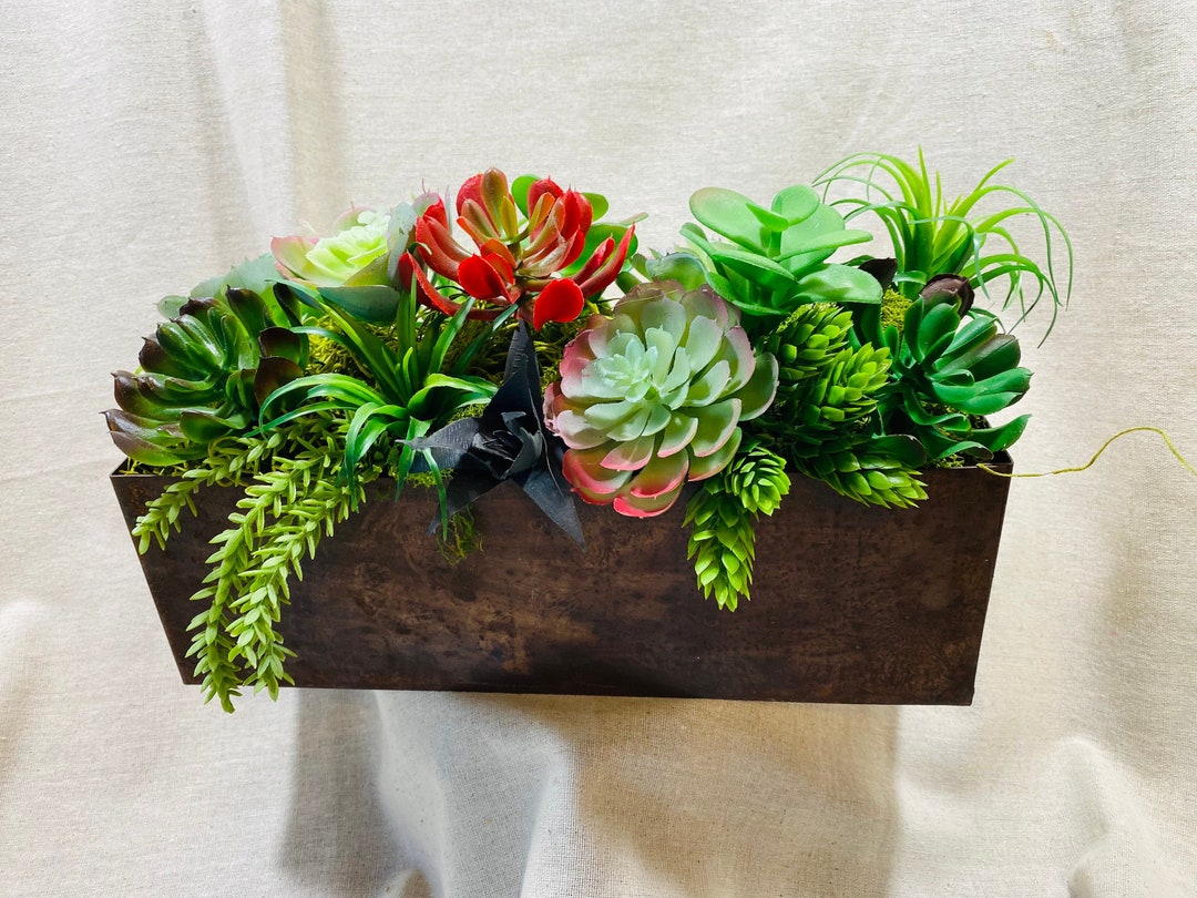 Primitive Rusted Planter Box With Artificial Succulents, Western Decor ...