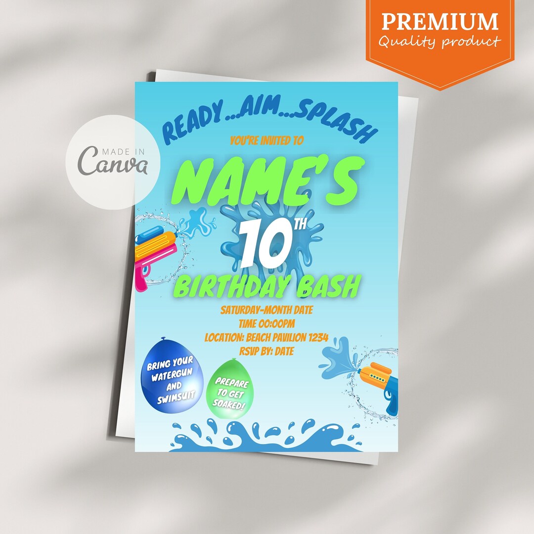 Watergun Battle Birthday Invitation Evite | Canva Printable Instant ...