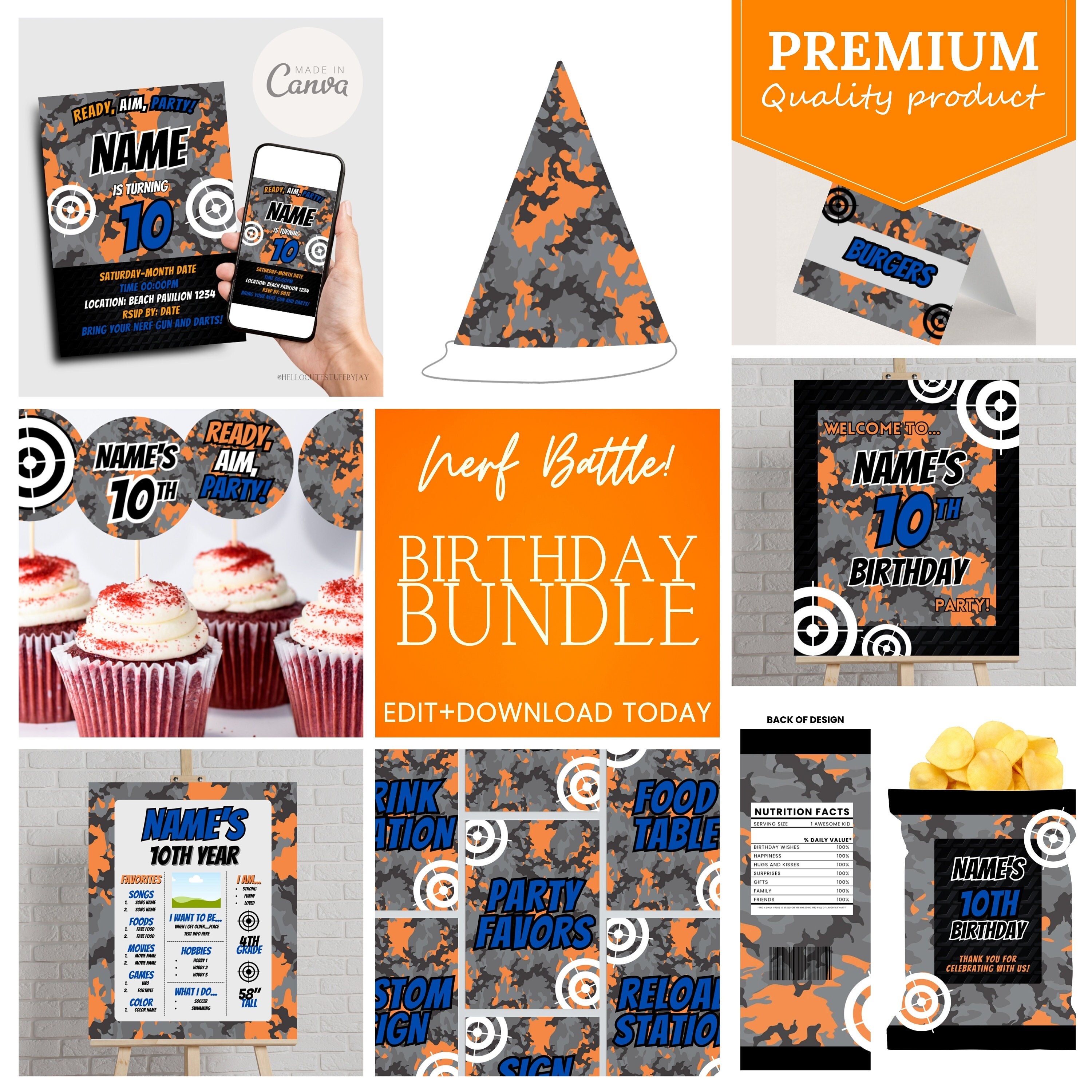 Nerf Battle Birthday Party Bundle Canva Printable Instant Download - Etsy