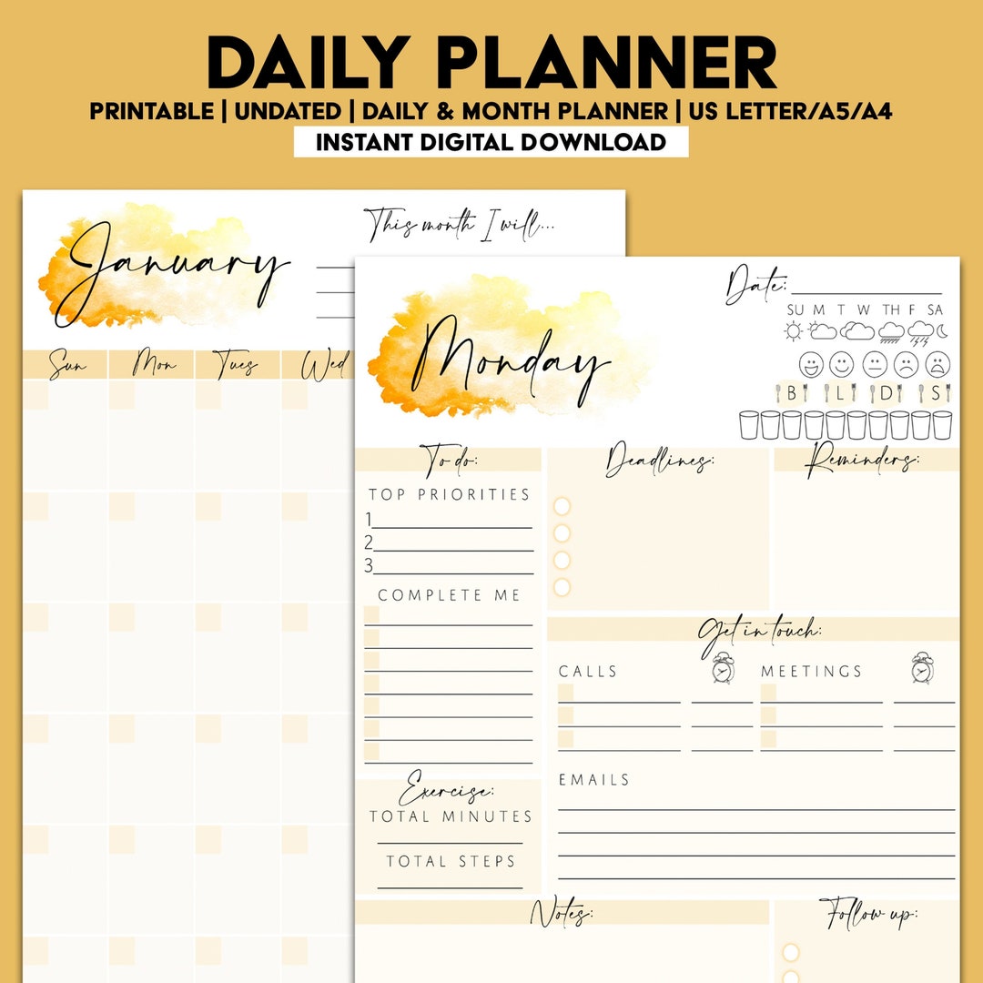Printable Daily Planner | Minimalist Daily Schedule, Month at a Glance ...