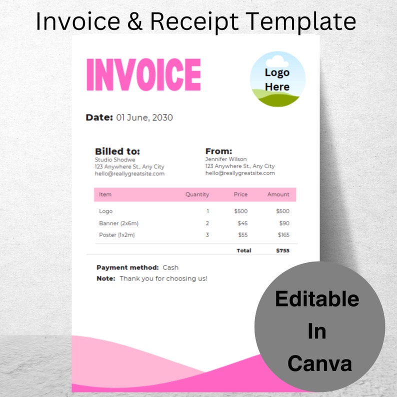 Editable Invoice & Receipt Canva Template I Pink Invoice Template ...