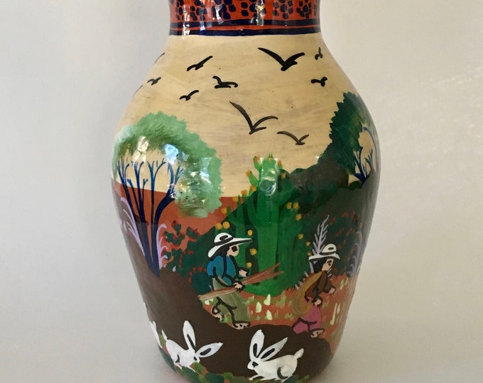 MEXICAN Pottery Story Vase, Folk Art Red Clay Handmade & Hand Painted ...