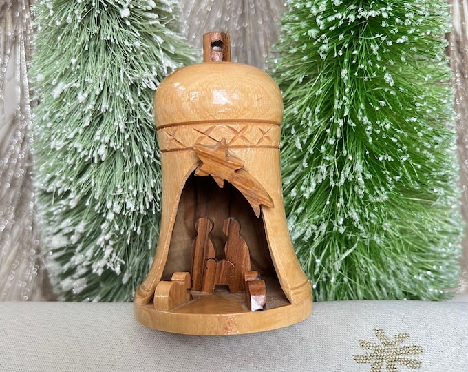 Vintage Carved Olive Wood Nativity Bell 3-1/2" H Ornament Made in ...