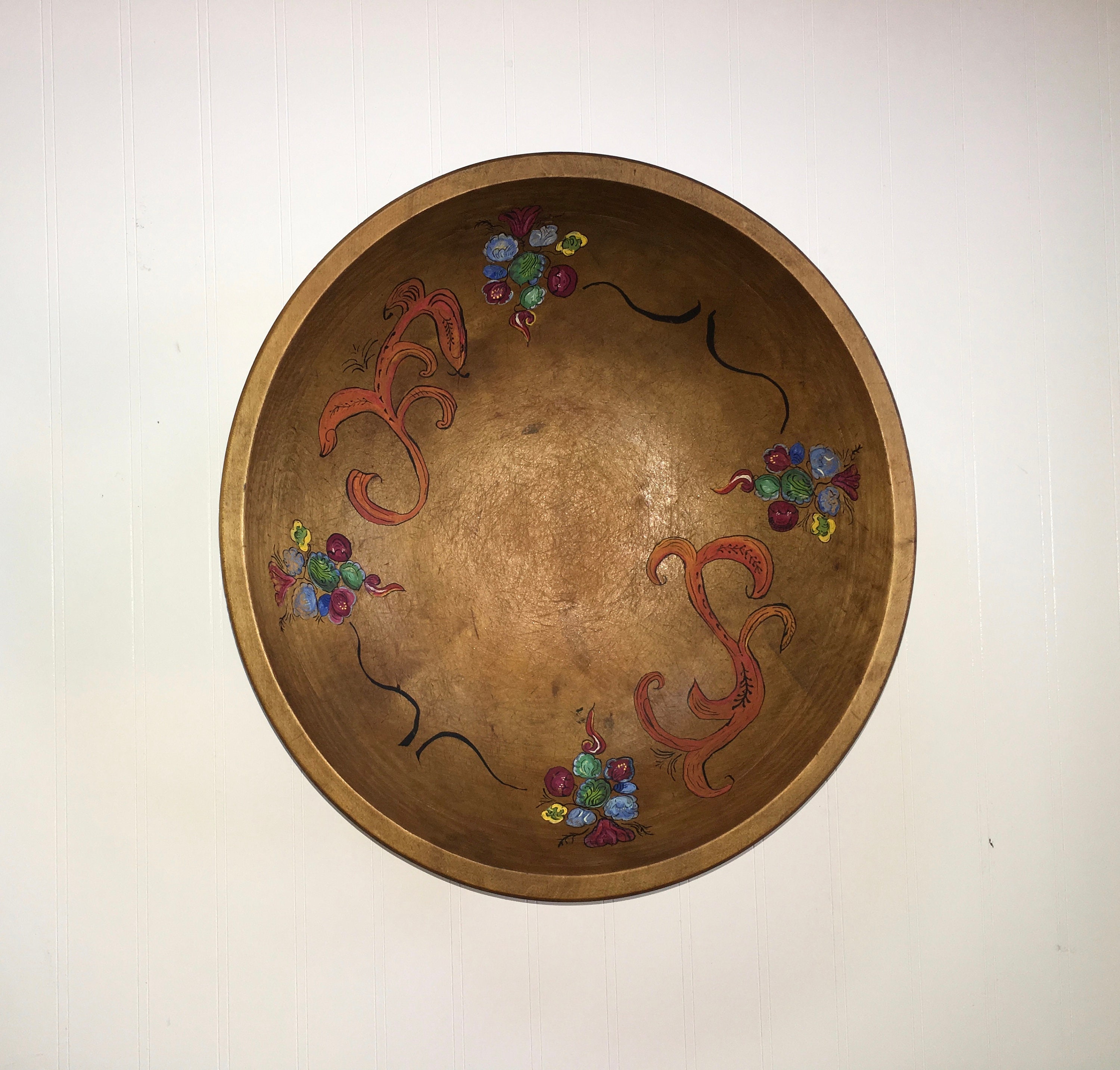 Vintage Large Wooden Bowl Handmade & Hand Painted Distressed Folk Art ...