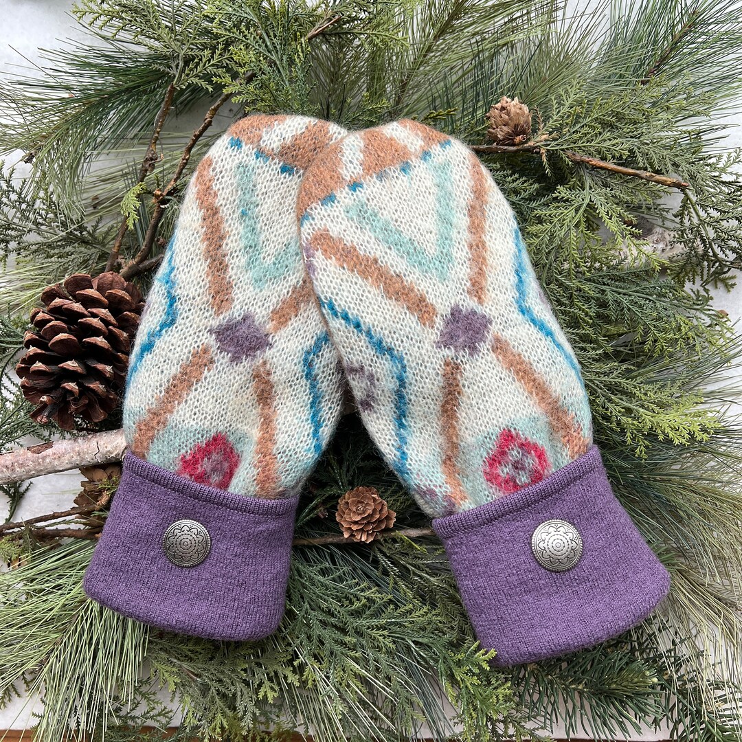 UPCYCLED WOOL Sweater MITTENS, Southwest Colors & Design, Fleece-lined ...