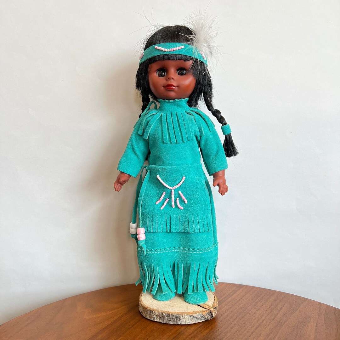 Vtg Native American Doll Maiden Indien Art Eskimo, Teal Suede ...