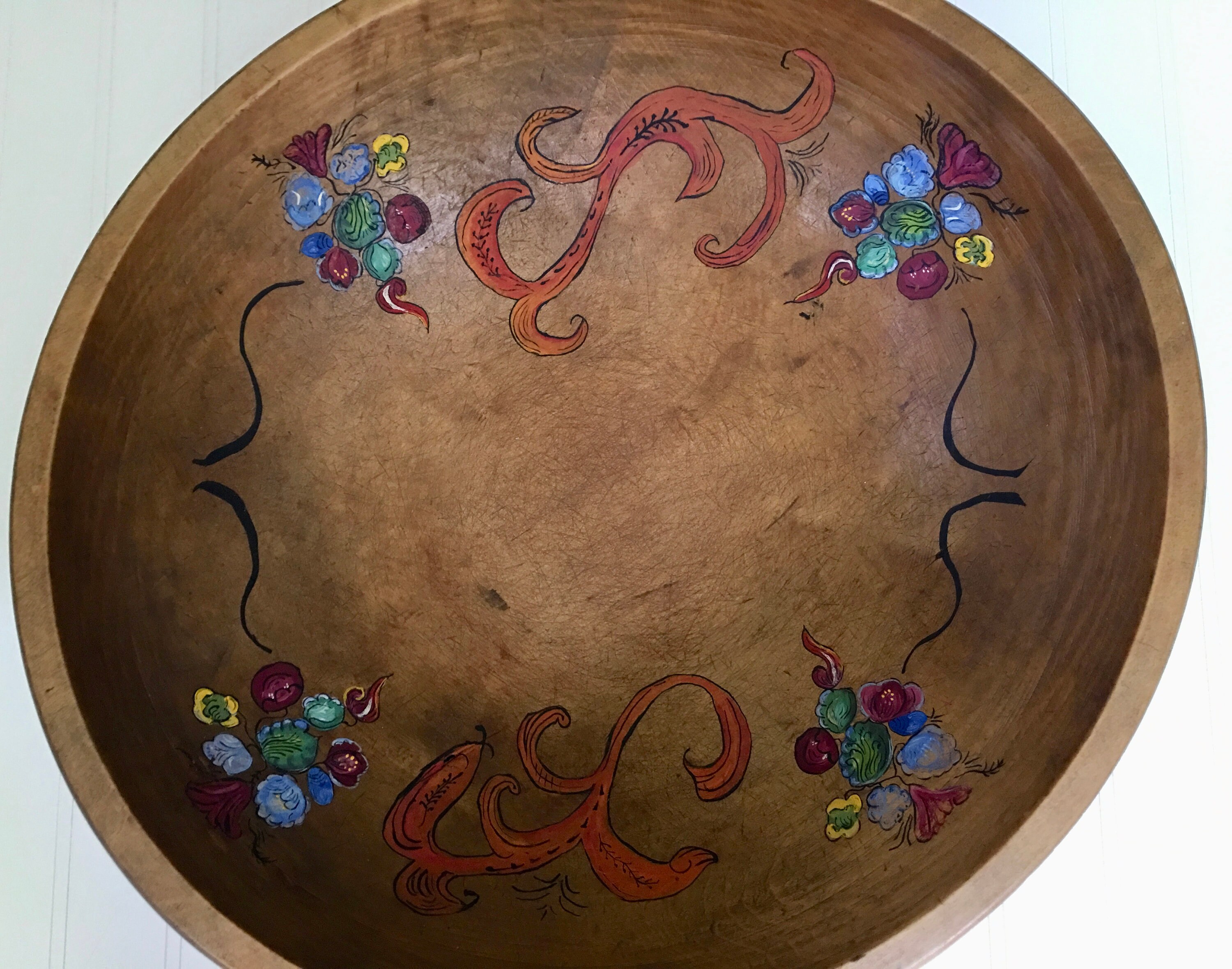 Vintage Large Wooden Bowl Handmade & Hand Painted Distressed Folk Art ...