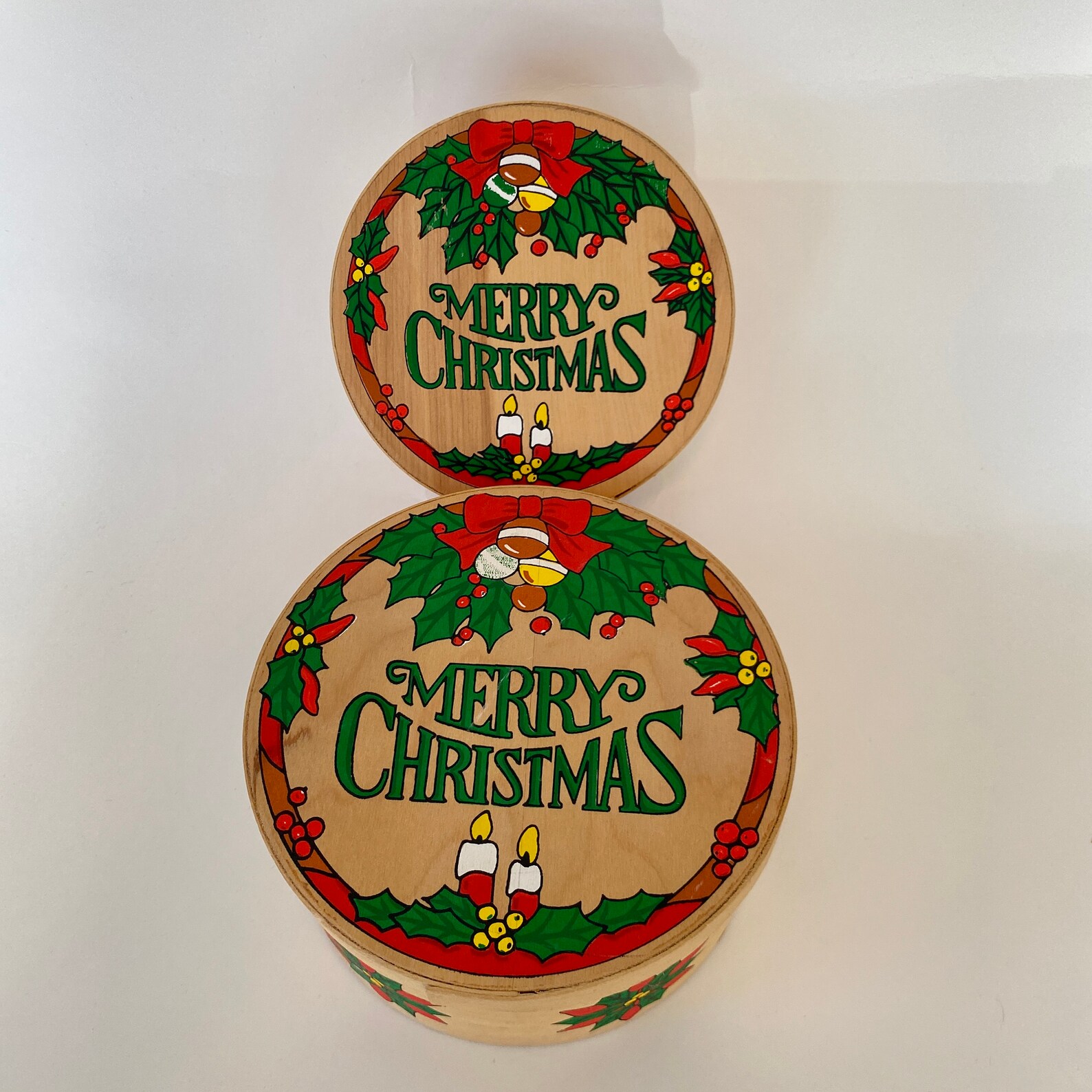 Vintage ROUND WOOD BOXES Set of 2 Merry Christmas Lidded - Etsy