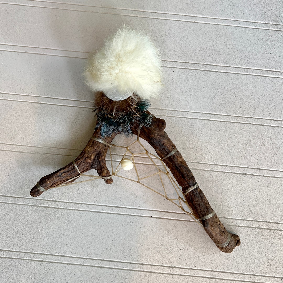 Vtg PRIMITIVE SPIRITUAL Wall Decor, Forked Stick Embellished With Waxed ...