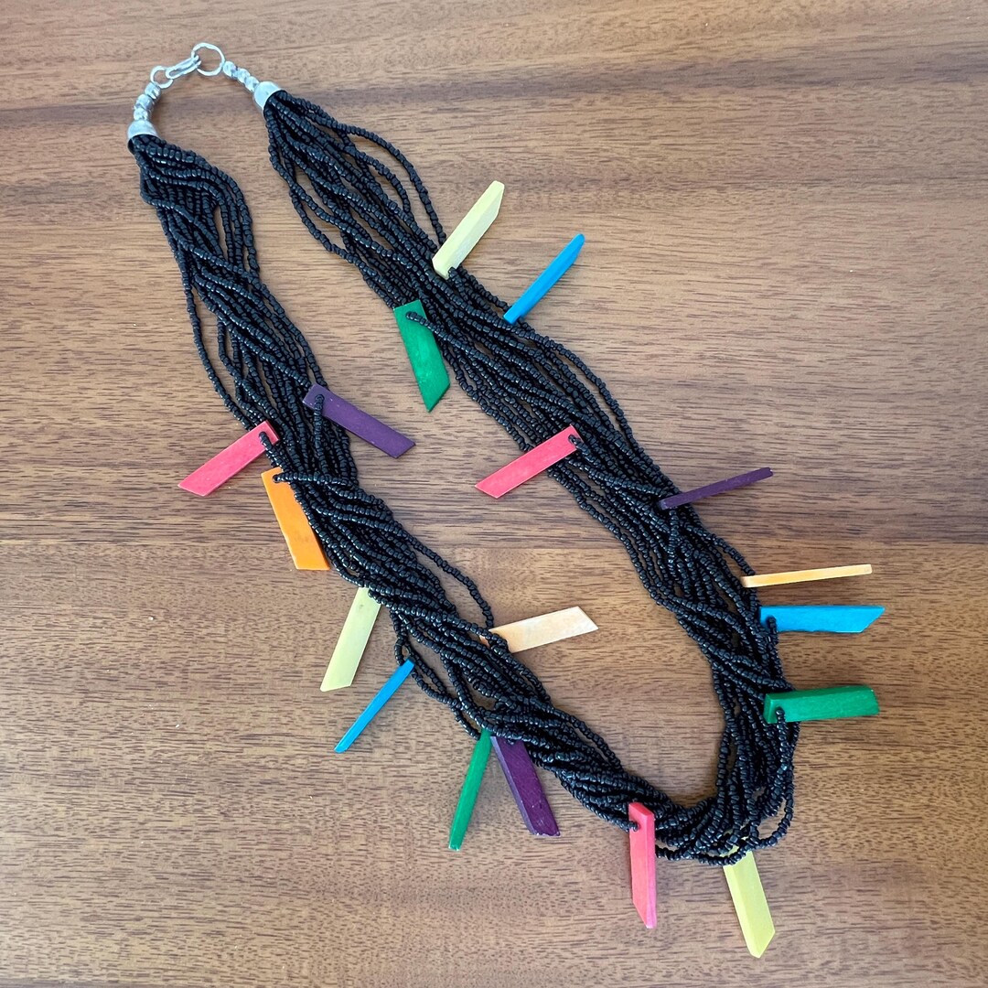 1960s-70s 24" Beaded NECKLACE 11 Strands Black GLASS Seed Beads, Long ...