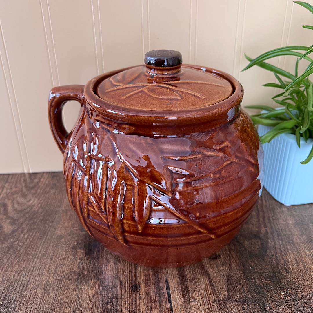 Vtg MCCOY BEAN POT Pea Pods Brown High Gloss Glaze 6-1/2" H One Handle ...