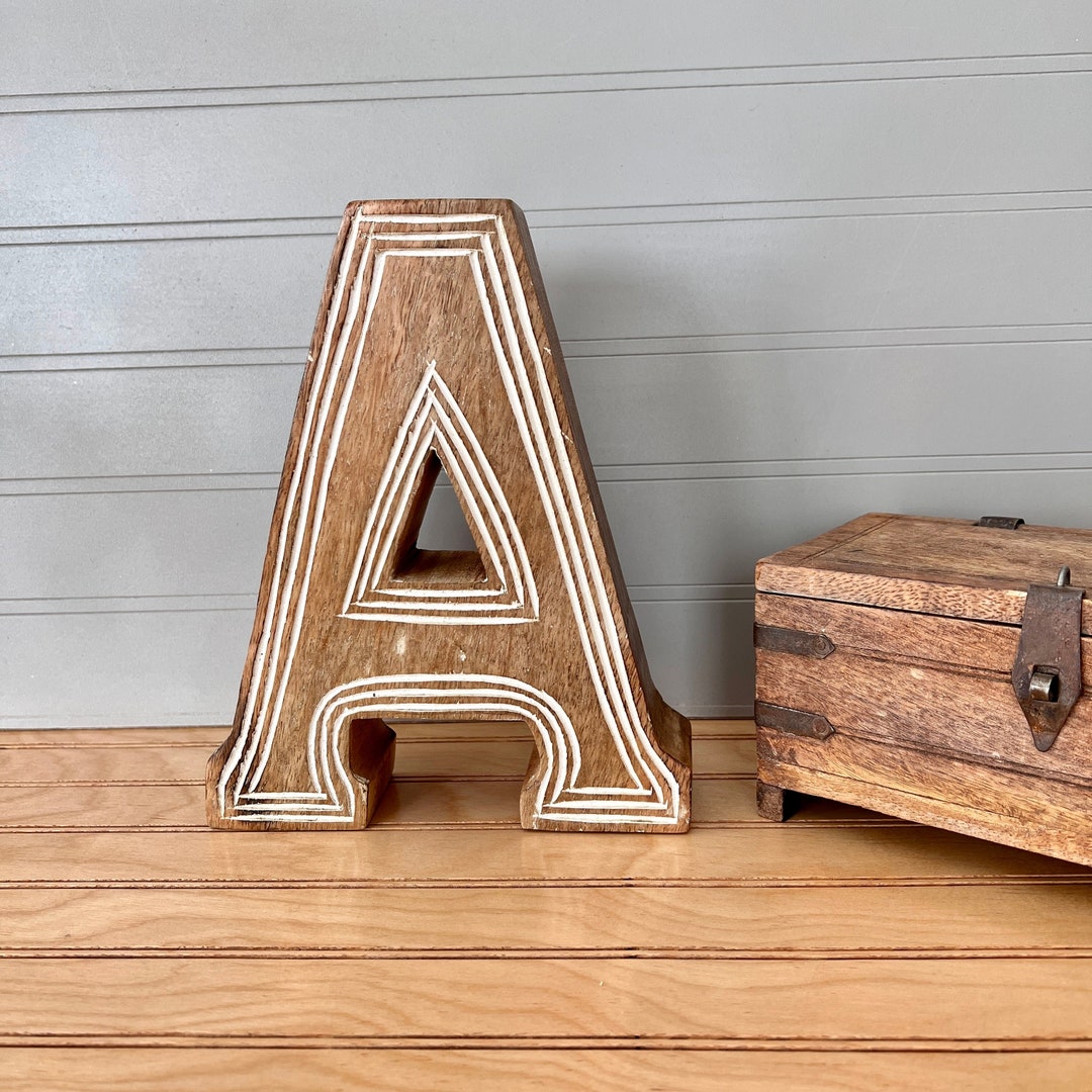 8" Solid WOOD LETTER A Alphabet Initial White Etched Lines, Signage ...