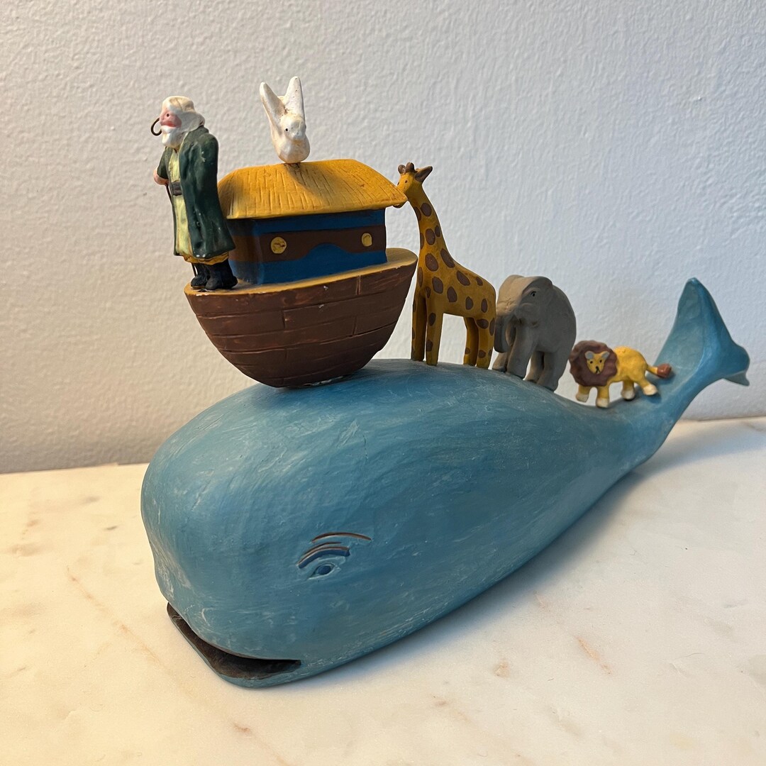 Vtg NOAH'S ARK on Large Blue Whale, Hand Painted Resin Figure Statue ...