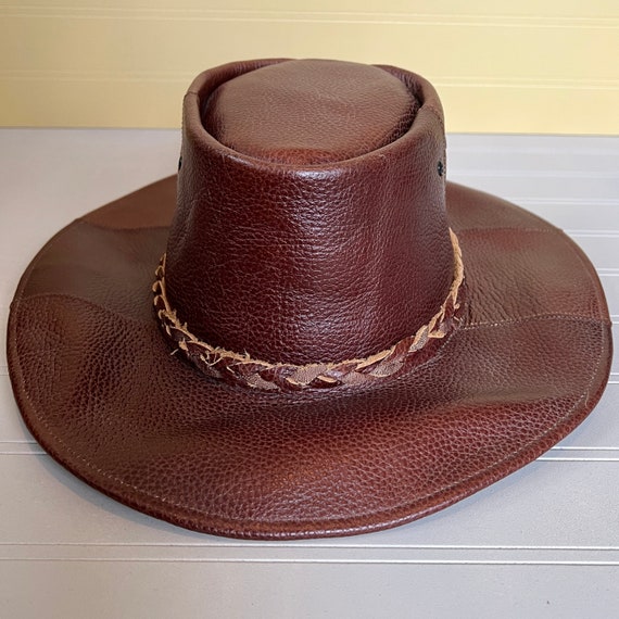 Vintage BROWN LEATHER HAT, Aussie Outback Safari Wes… - Gem