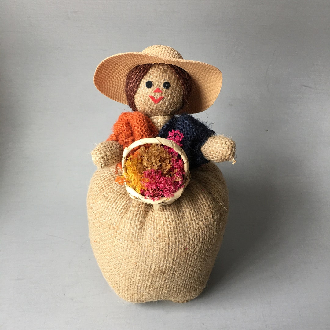 Vintage Stuffed Burlap Doll W/ Basket of Flowers Hat Shawl - Etsy