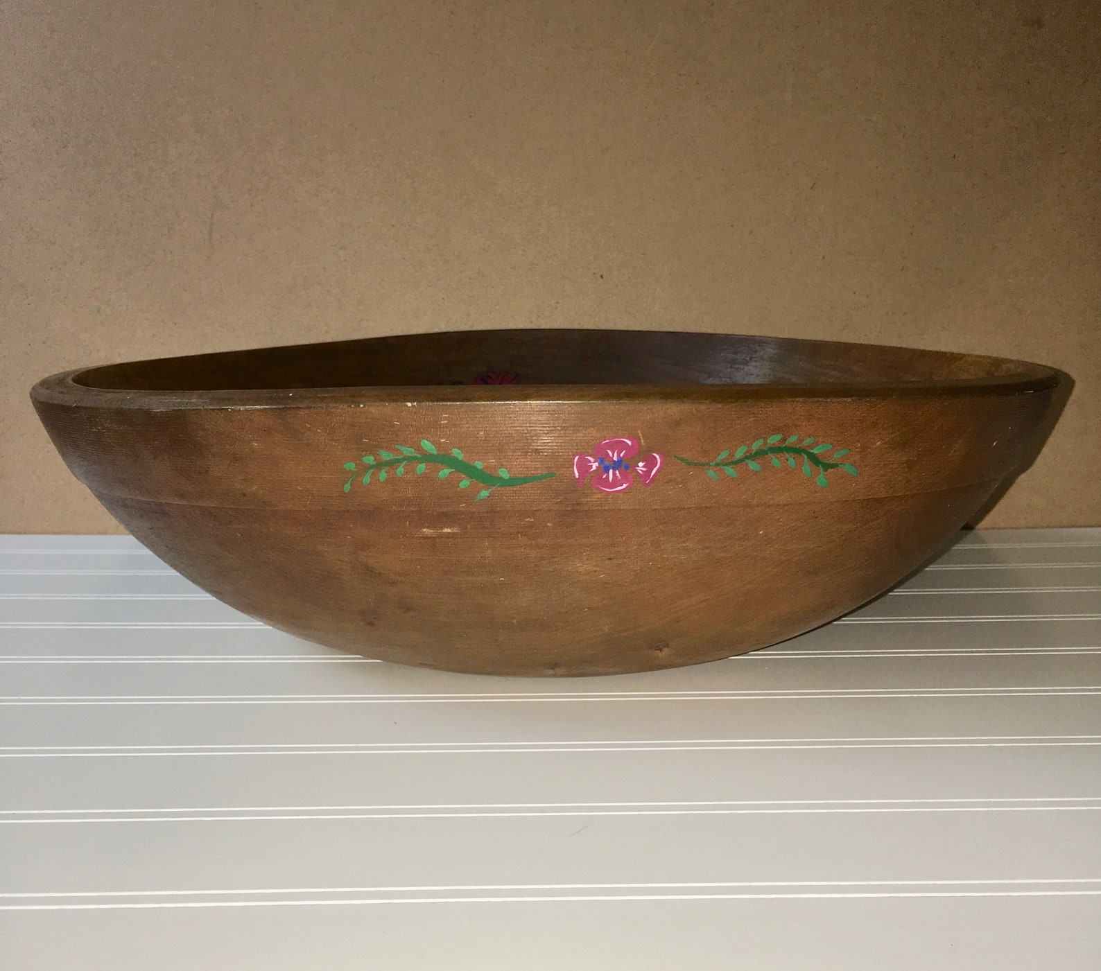 Vintage Large Wooden Bowl Handmade & Hand Painted Distressed Folk Art ...