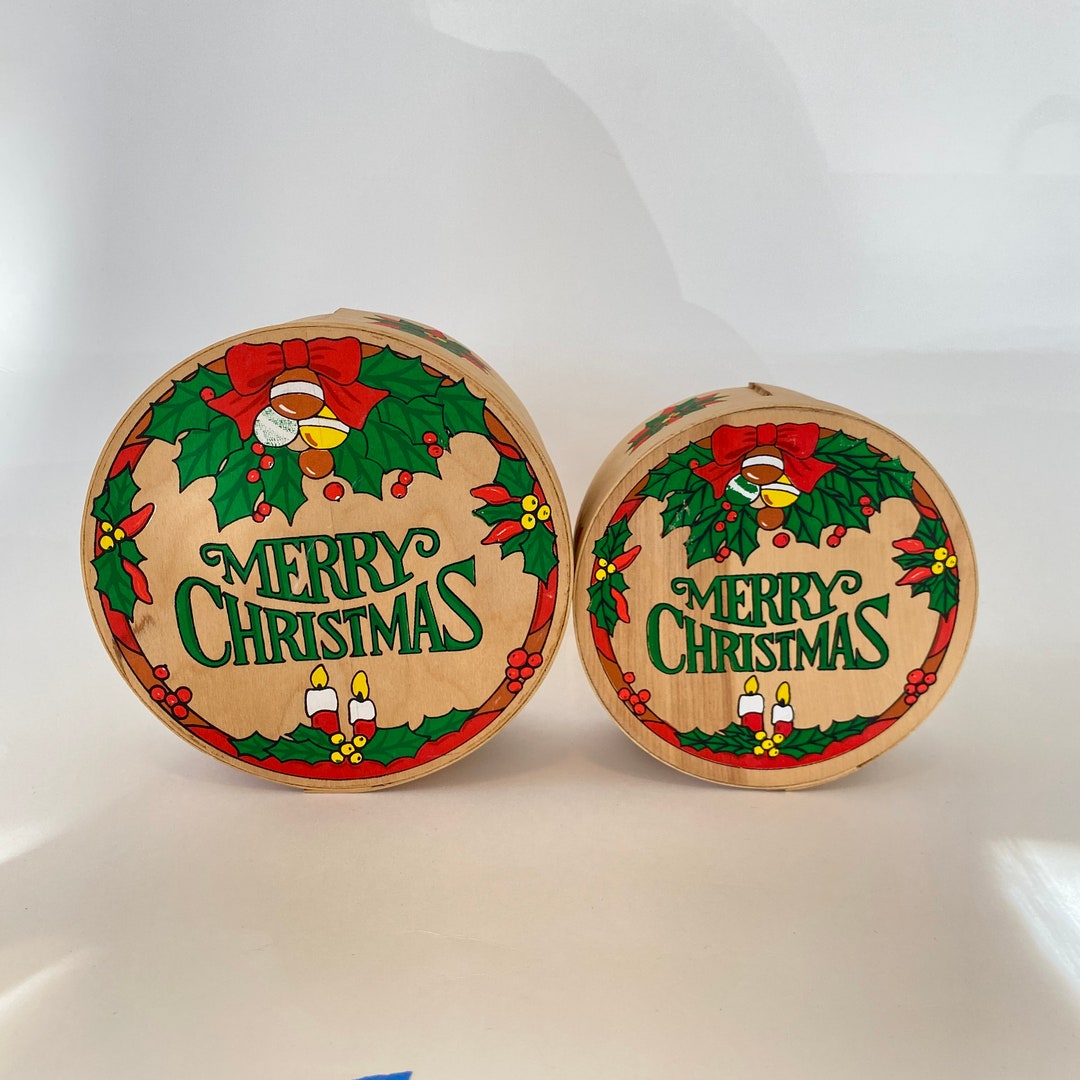 Vintage ROUND WOOD BOXES Set of 2 Merry Christmas Lidded - Etsy