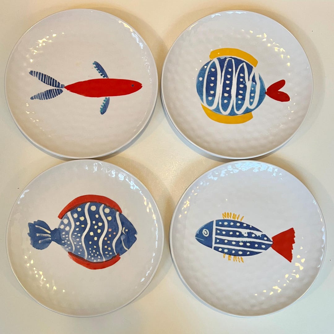 Vtg 8 CRATE & BARREL Melamine Fish Plates, 8-1/2" Blue Red Yellow on ...