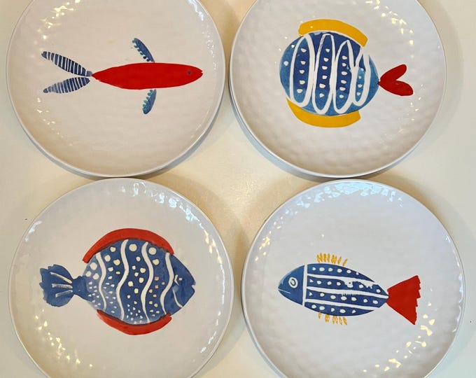 Vtg 8 CRATE & BARREL Melamine Fish Plates, 8-1/2" Blue Red Yellow on ...